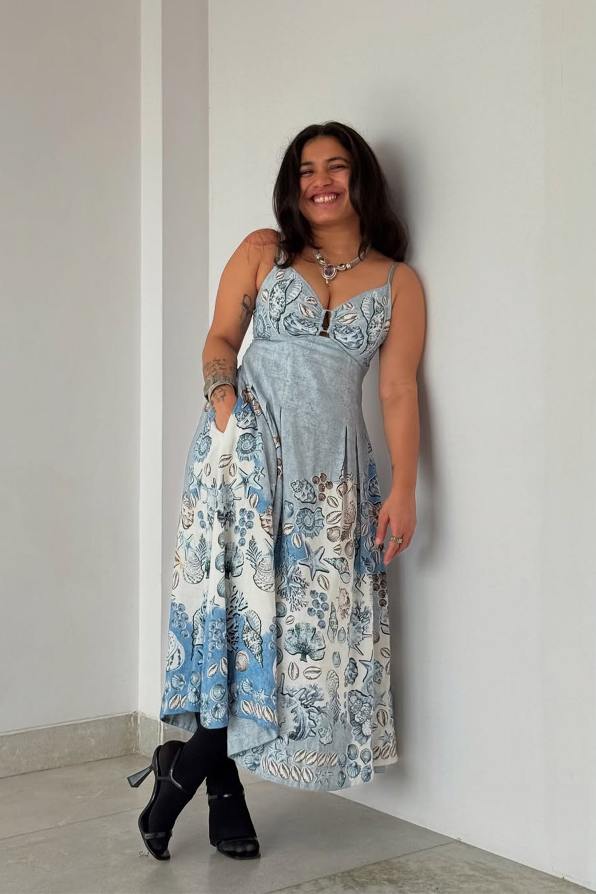 Aria Pleated Midi Designer Dress in Blue Atlantic Print | Ranna Gill ...